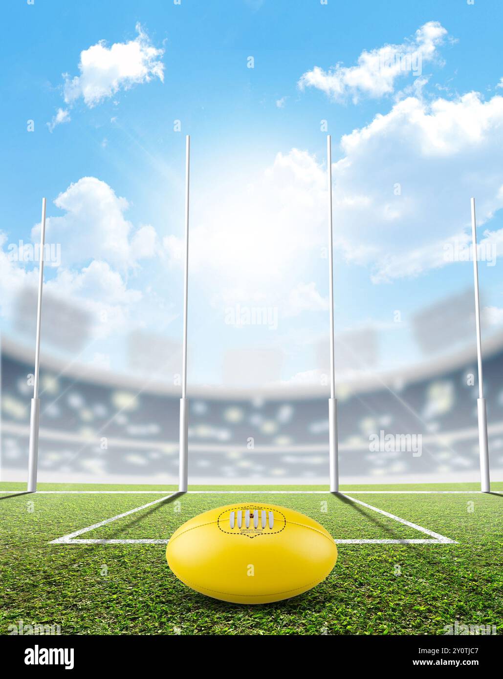 An aussie rules football stadium with a marked green grass pitch, goal ...