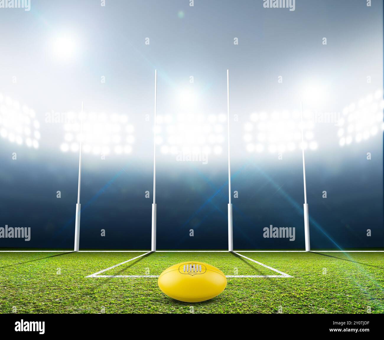 An aussie rules football stadium with a marked green grass pitch, goal ...