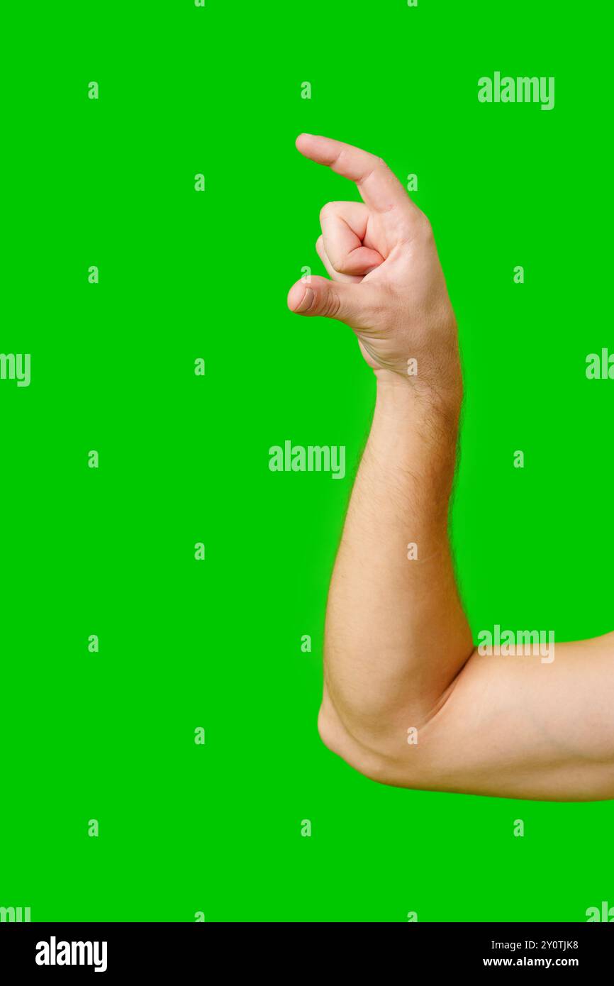Hand Gesture Above Arm Against Bright Green Background Stock Photo - Alamy