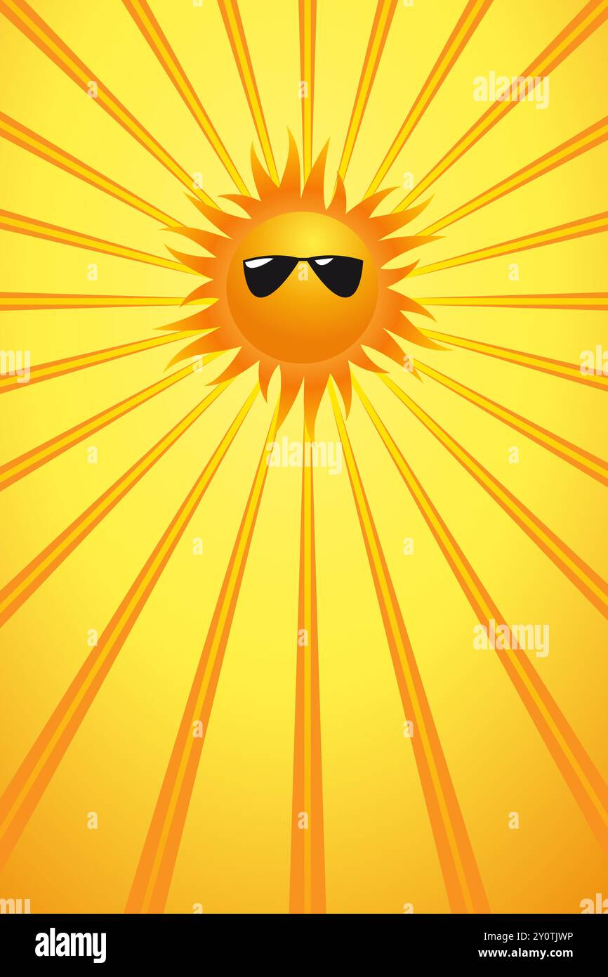 Orange sky with sunrays and sun with sunglasses. Vertical summer ...