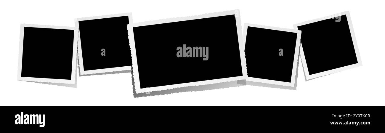 Row of four square and one horizontal empty photo frames lying on white ...
