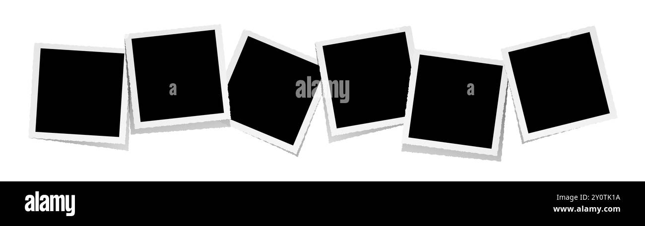 Row of six square empty photo frames lying on white background are ...