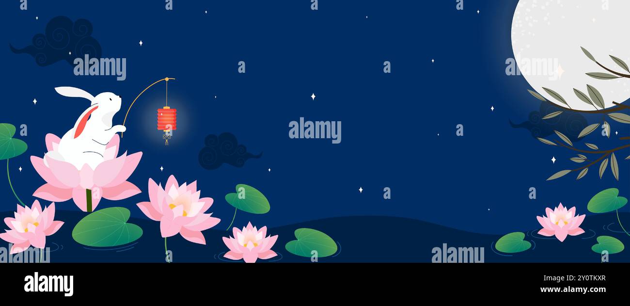 Mid-Autumn Festival night with rabbit and lantern on lotus. Vector ...