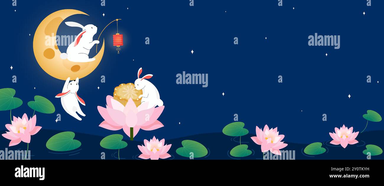 Mid-Autumn Festival night with rabbit and lantern on lotus. Vector ...