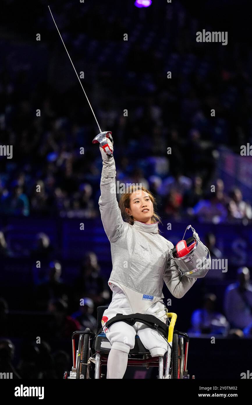 Paris, France. 3rd Sep, 2024. Gu Haiyan of China celebrates after ...