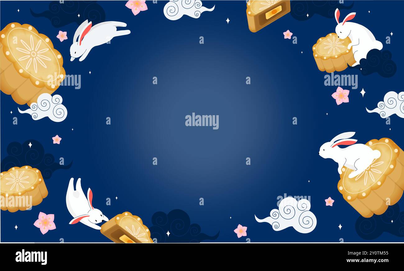 Mid-Autumn Festival frame with rabbits and mooncakes. Vector ...