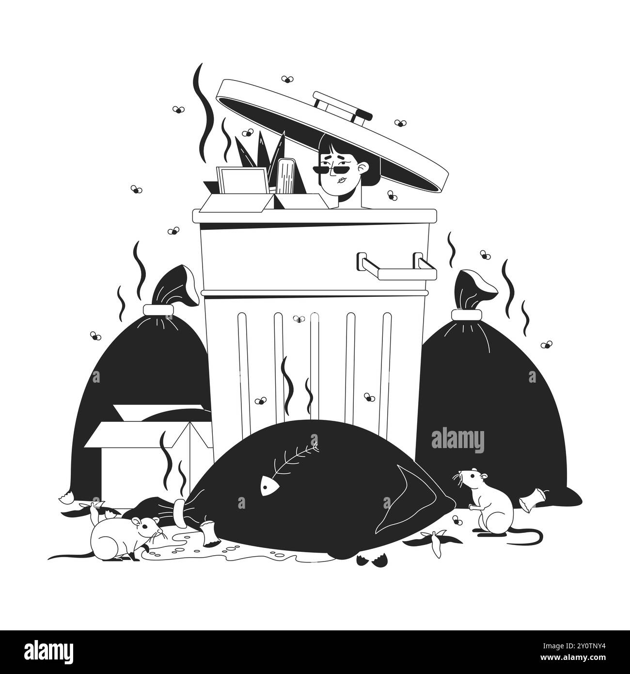 Upset asian woman sitting in waste container cartoon black and white ...