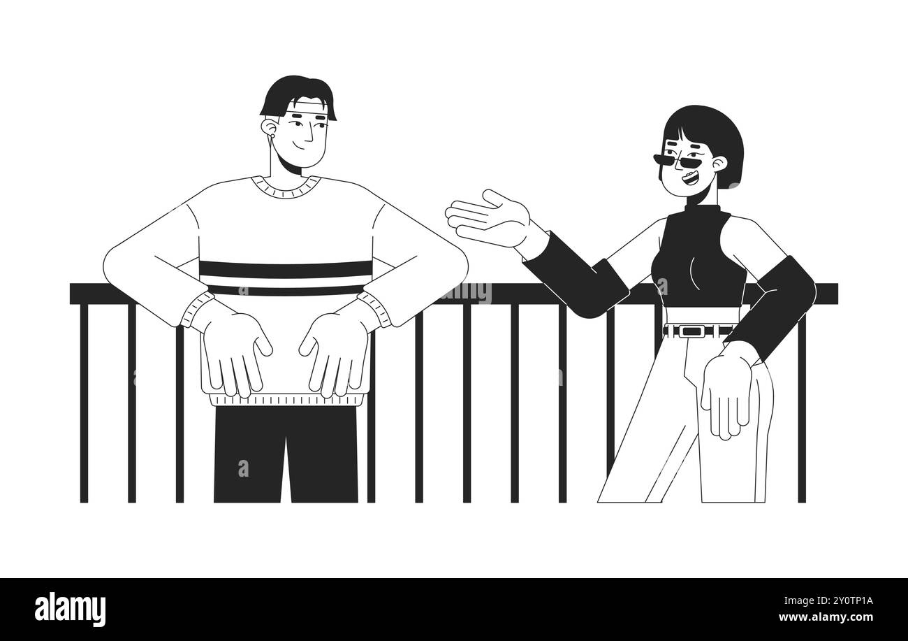Asian friends talking near fence black and white 2D line characters ...