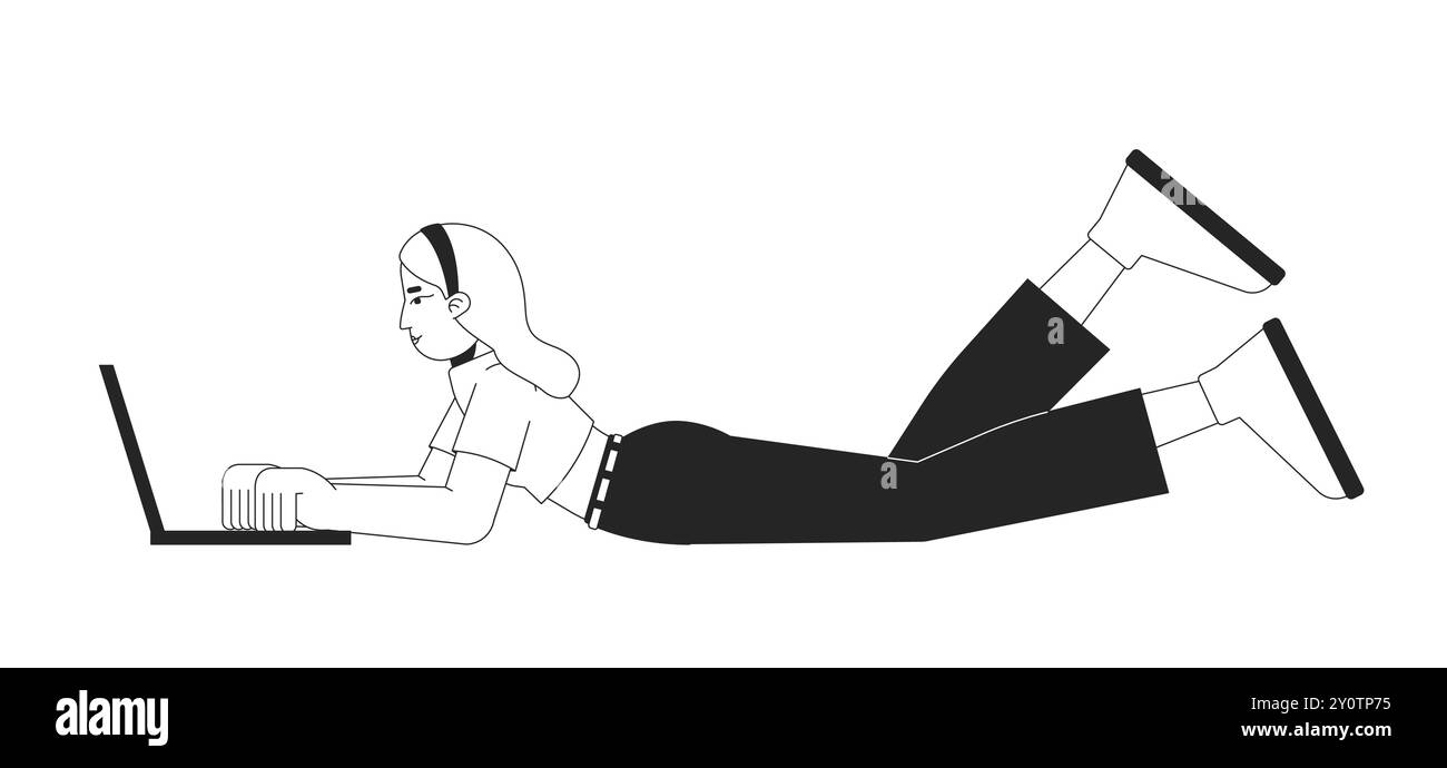 Relaxed caucasian woman typing on laptop black and white 2D line ...