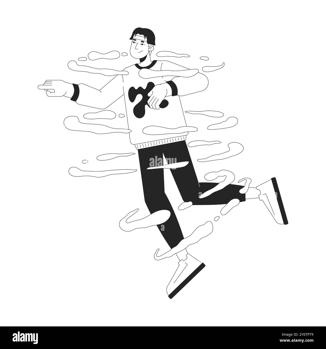 Smiling korean male floating in steam rings black and white 2D line ...