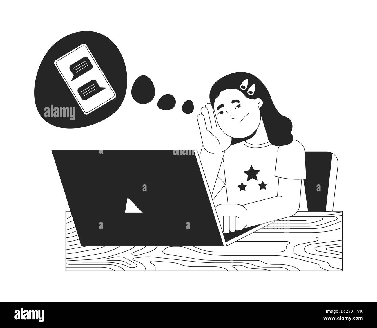 Bored girl thinking about chatting with friends black and white 2D line ...