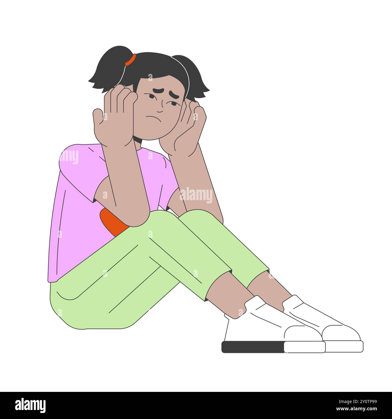 Pensive little girl sitting alone 2D cartoon character Stock Vector ...
