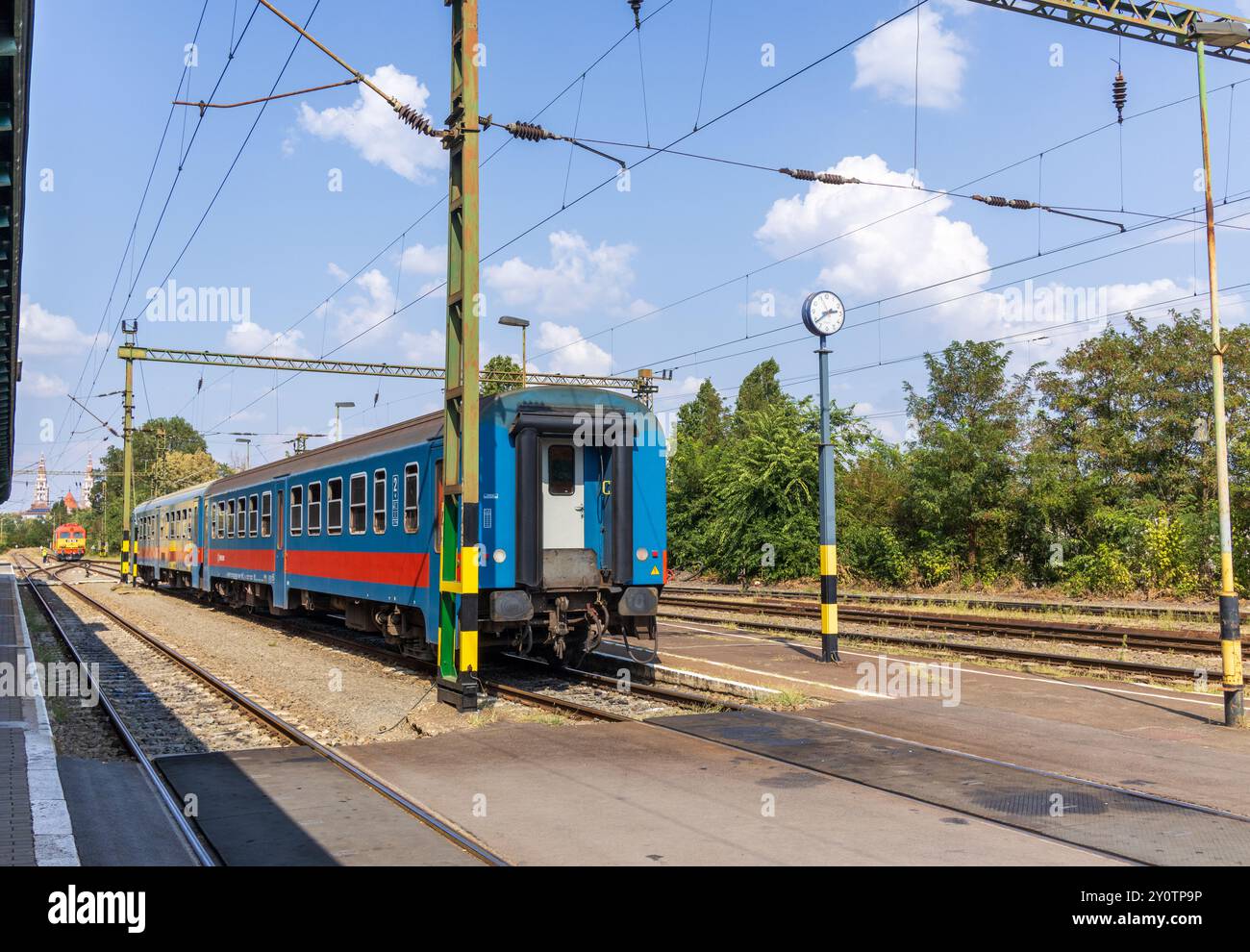 Traditional blue train carriages at Szeged railway station in Hungary ...
