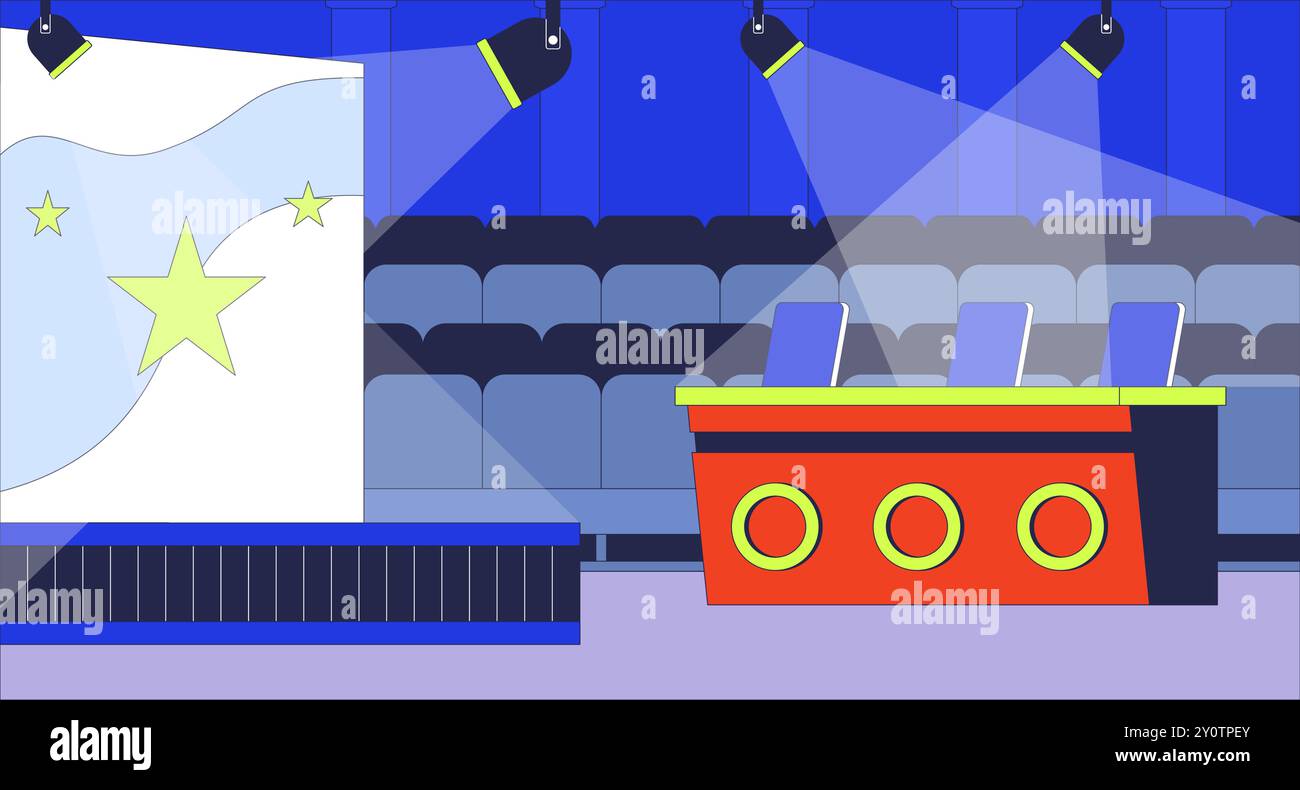 Talent show stage with panel table under spotlights flat illustration ...
