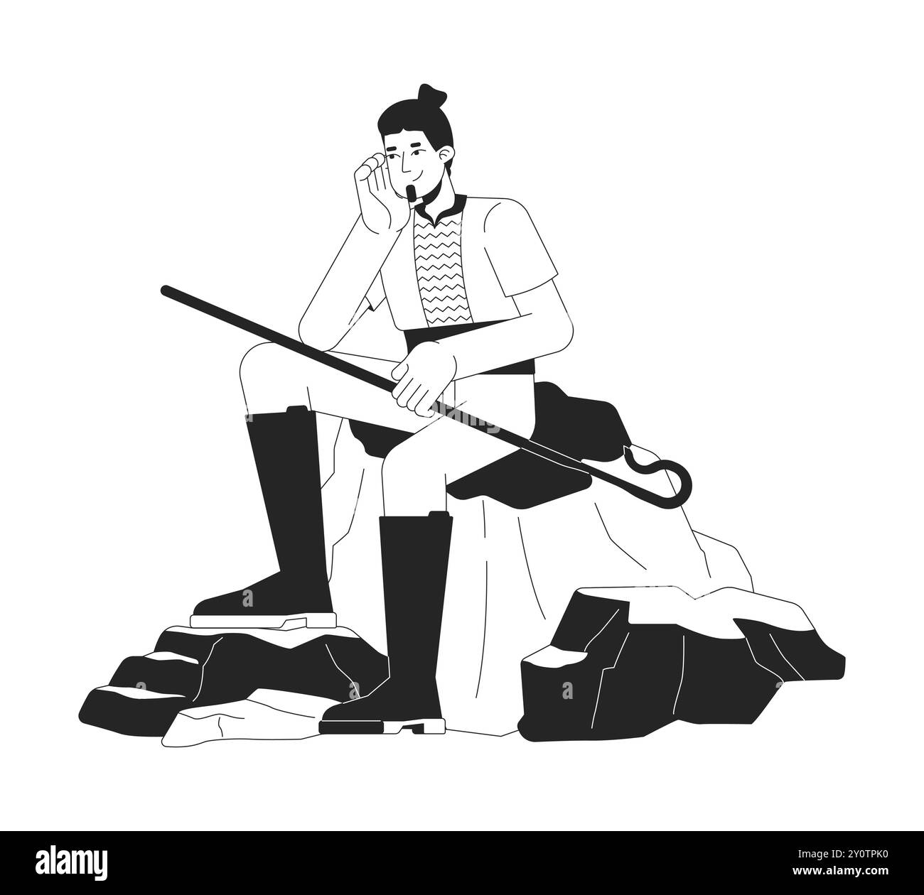 Positive man shepherd sitting on rocks black and white 2D line ...