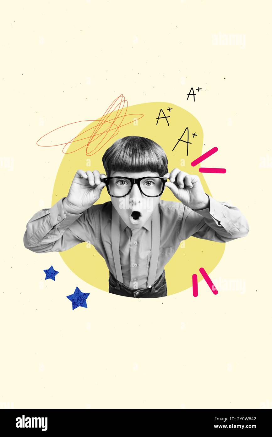 Collage 3d image retro sketch of amazed nerd boy reaction school day ...
