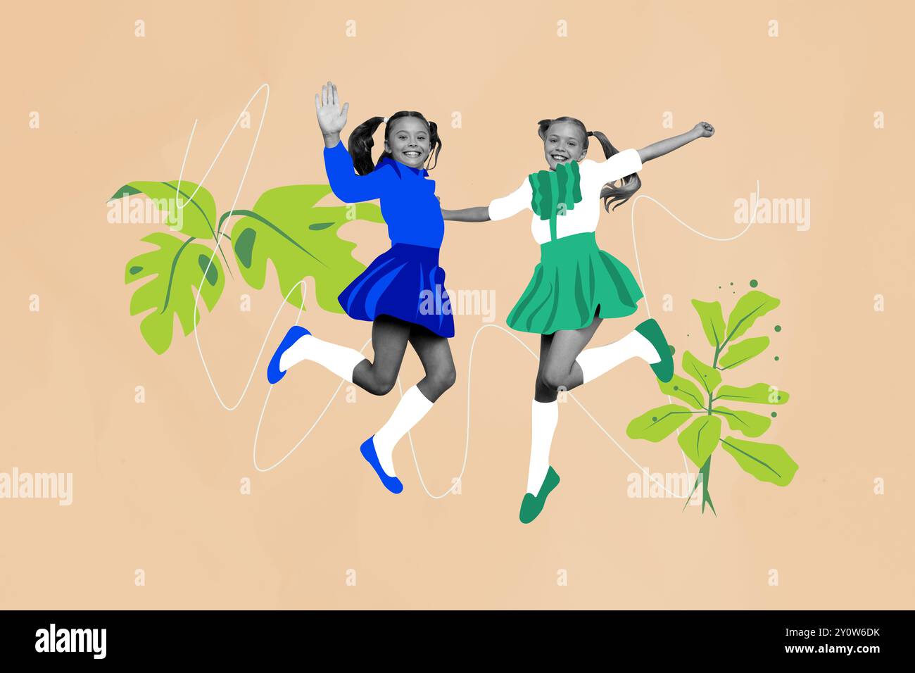 Composite photo collage of two happy school girls jump together ...