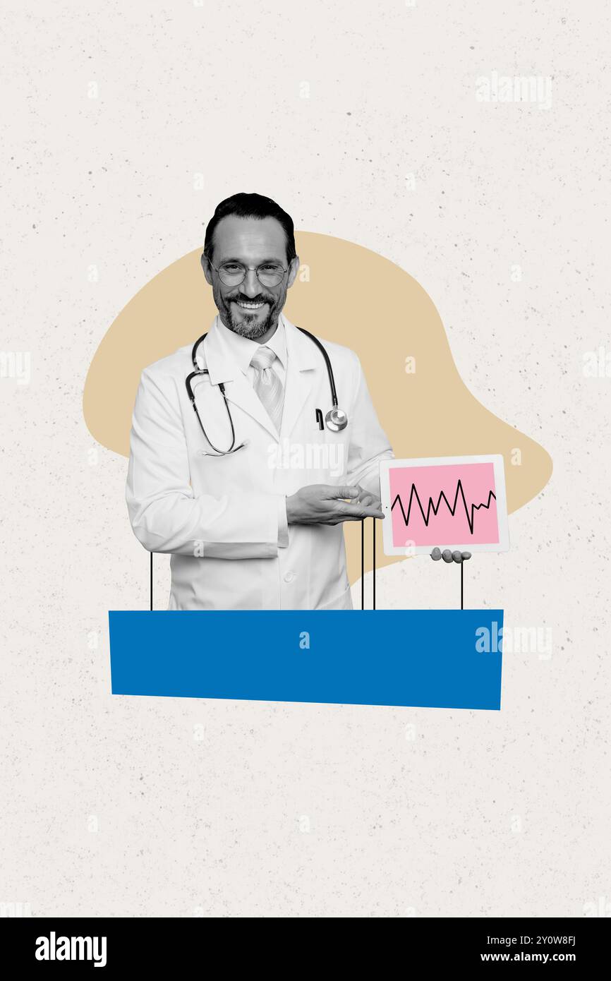 Vertical collage image mature man doctor tablet device screen diagram ...