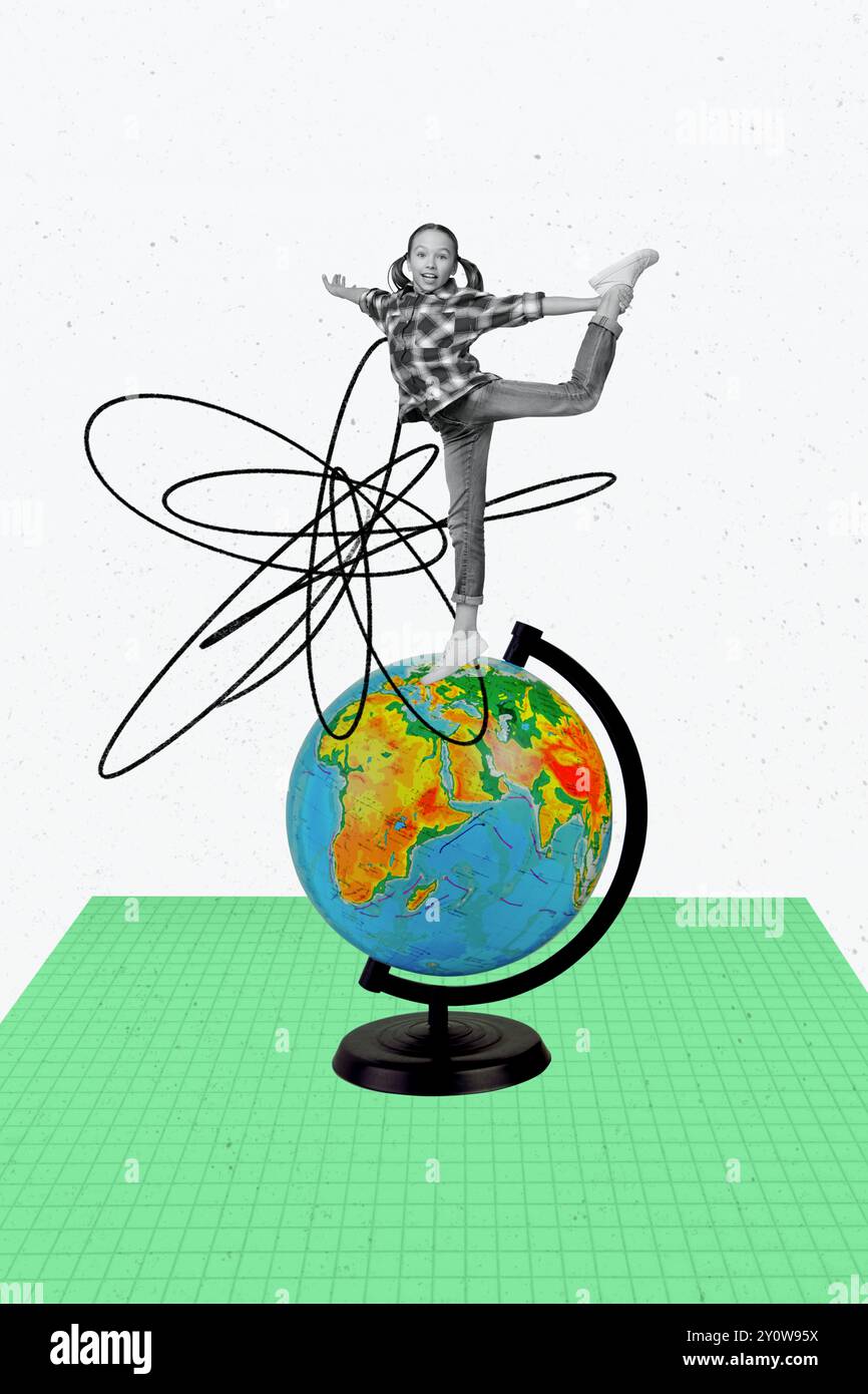 Collage retro sketch of funny girl globe geography lesson school day ...