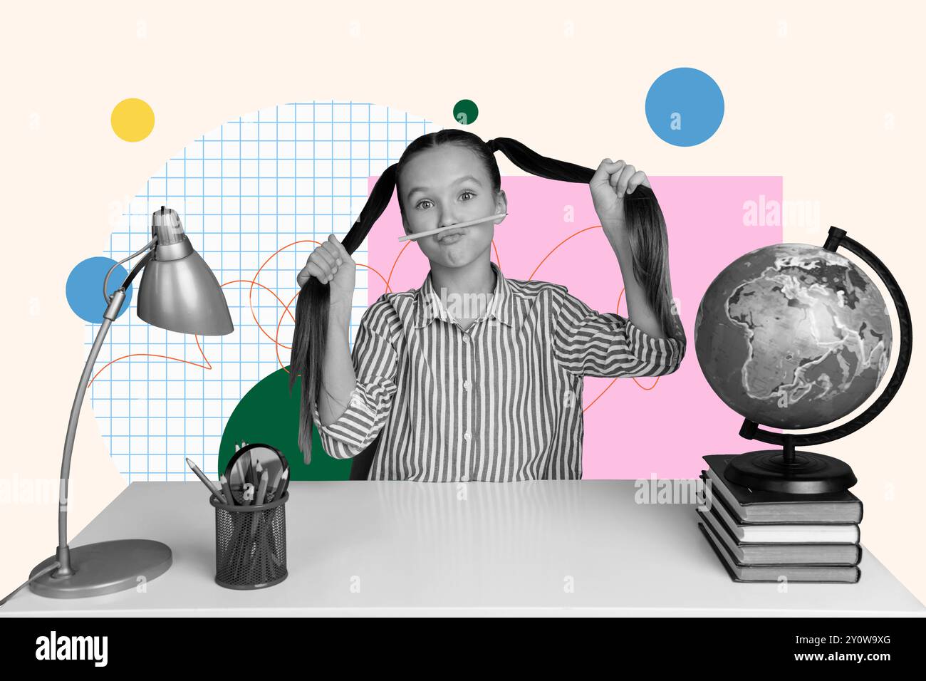 Collage retro sketch of funny girl have fun homework school day ...