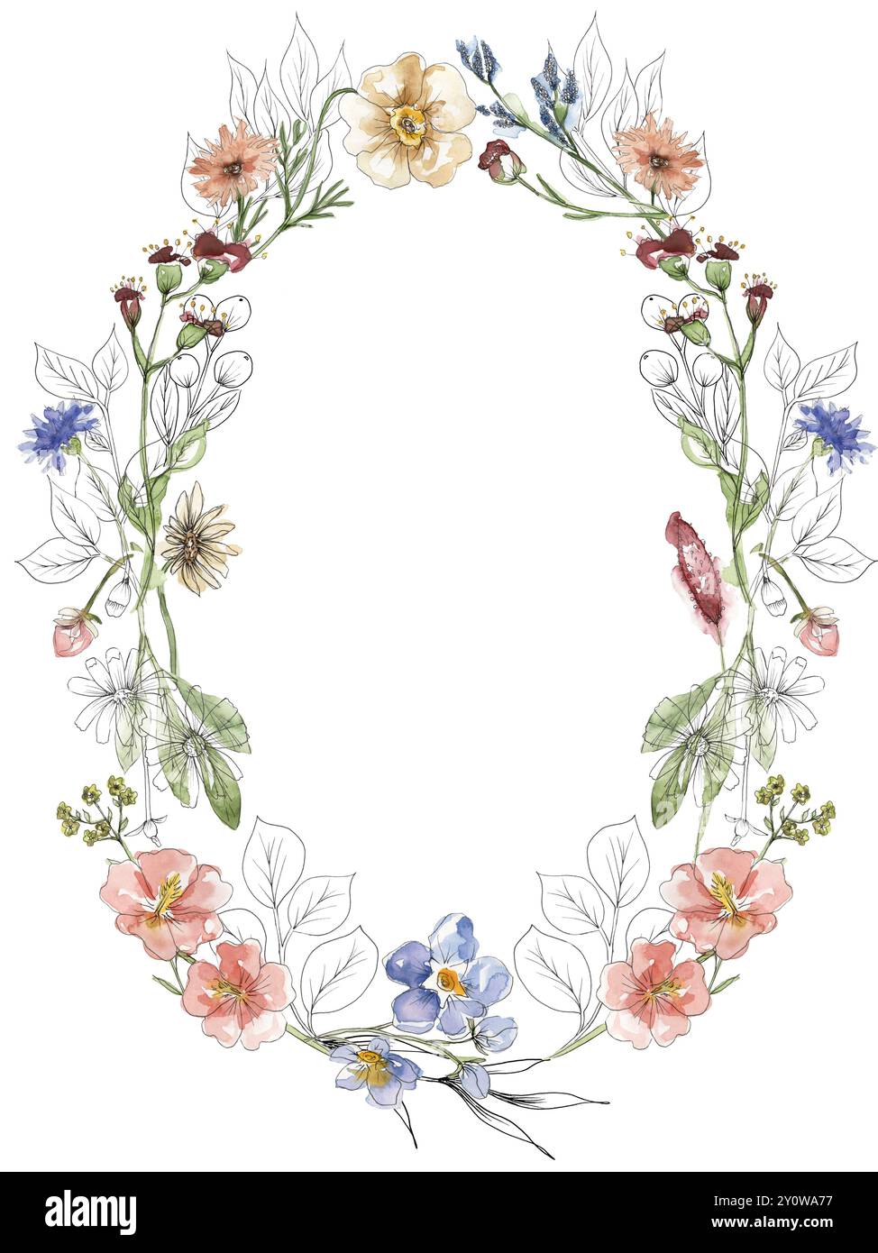 Watercolor and liner meadow flowers and grass wreath illustration, hand ...