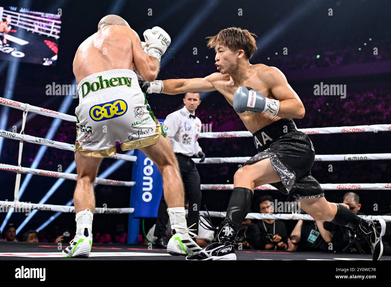 Champion Naoya Inoue (R) of Japan and challenger TJ Doheny of Ireland compete during their IBF ...