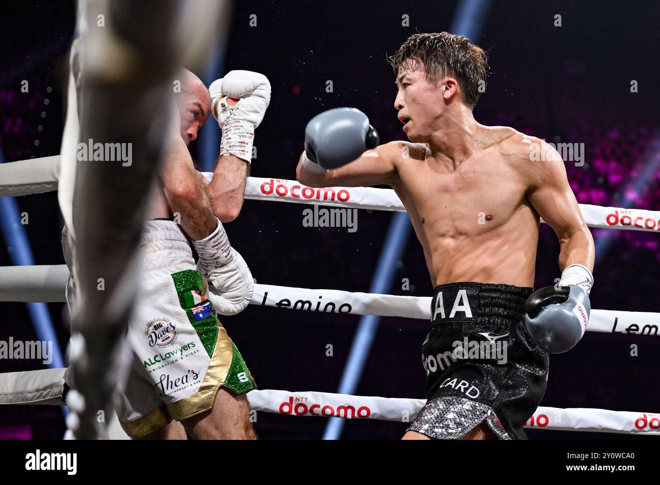 Champion Naoya Inoue (R) of Japan and challenger TJ Doheny of Ireland compete during their IBF ...