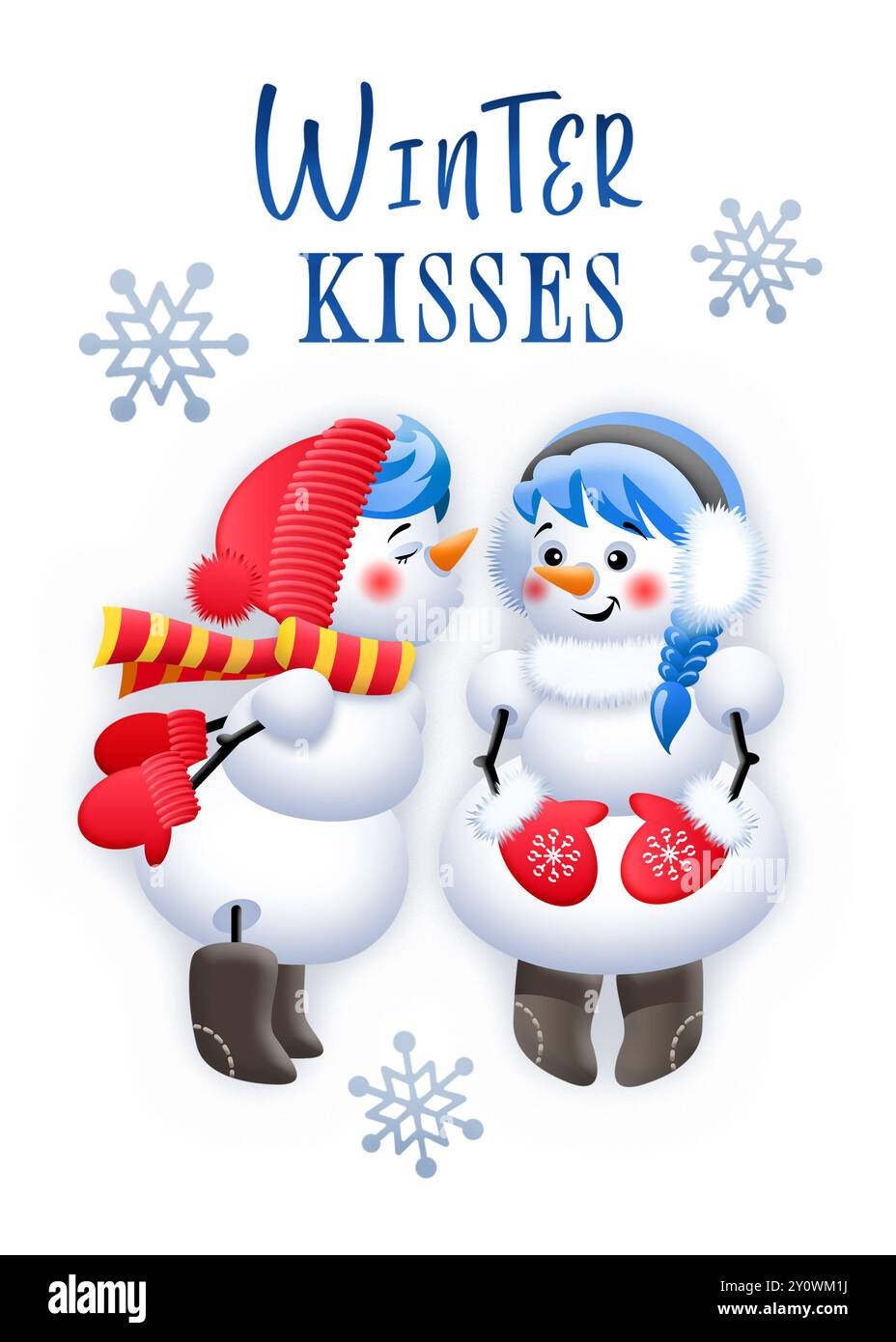 Winter kisses.. Funny couple of snowmen kissing. Cute cartoon ...