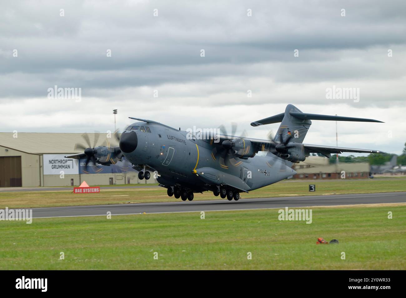 German Luftwaffe Airbus A400M Atlas military transport aircraft 5423 takes off from RAF Fairford ...