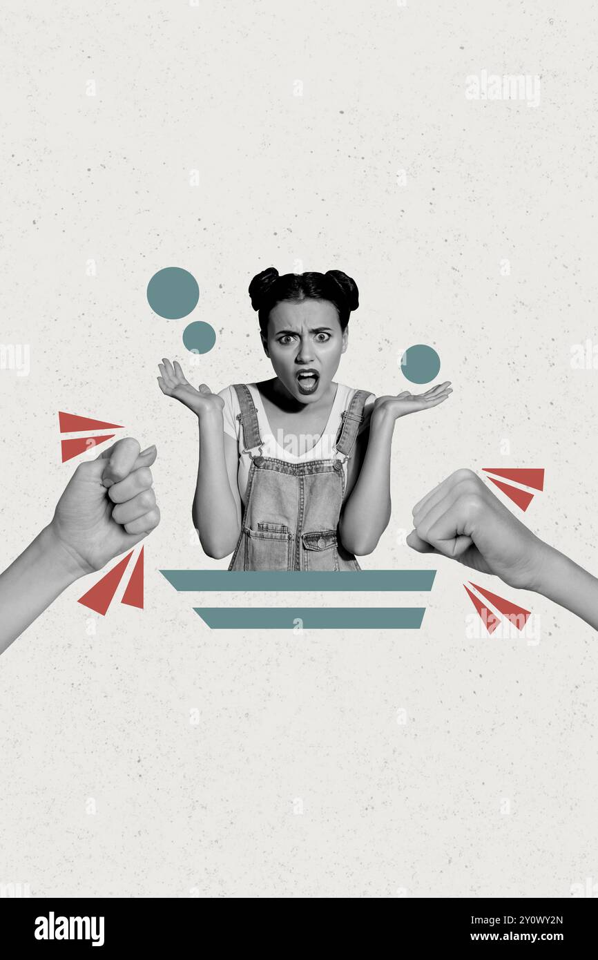 Vertical collage picture young shocked confused woman fist gesture ...