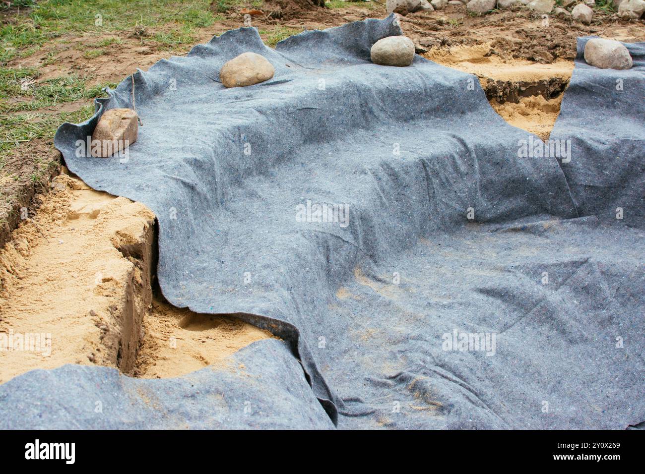 Pond construction with planting terraces and felt pond underlayment ...
