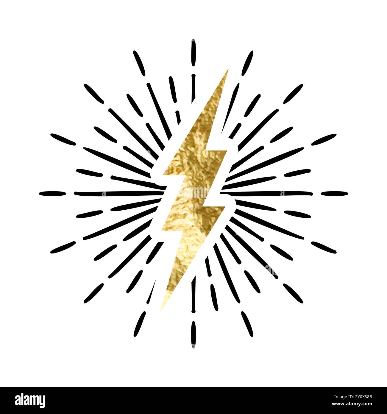 Vintage golden lightning bolt and sun rays. Gold foil texture ...