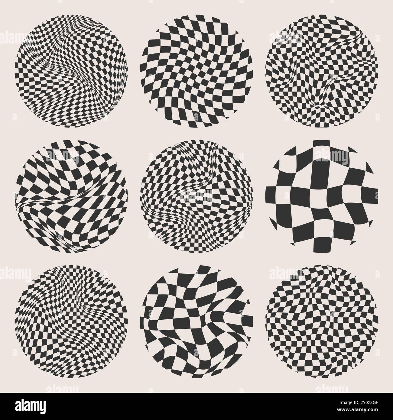 Trendy round checkered pattern, distorted tiled grid. Wavy curved backdrop, distortion effect ...