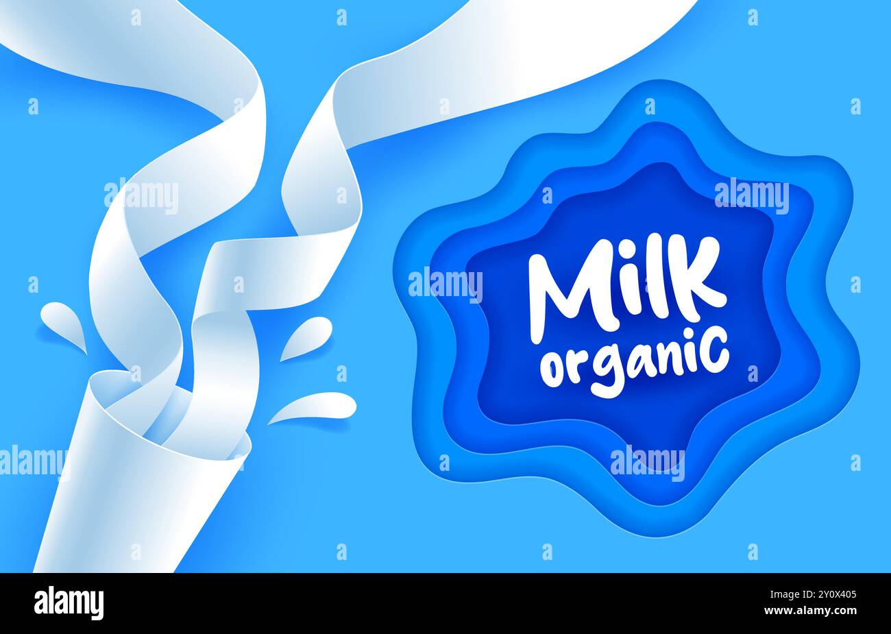 Paper cut milk drink wave, glass, drops and splash, vector dairy farm ...