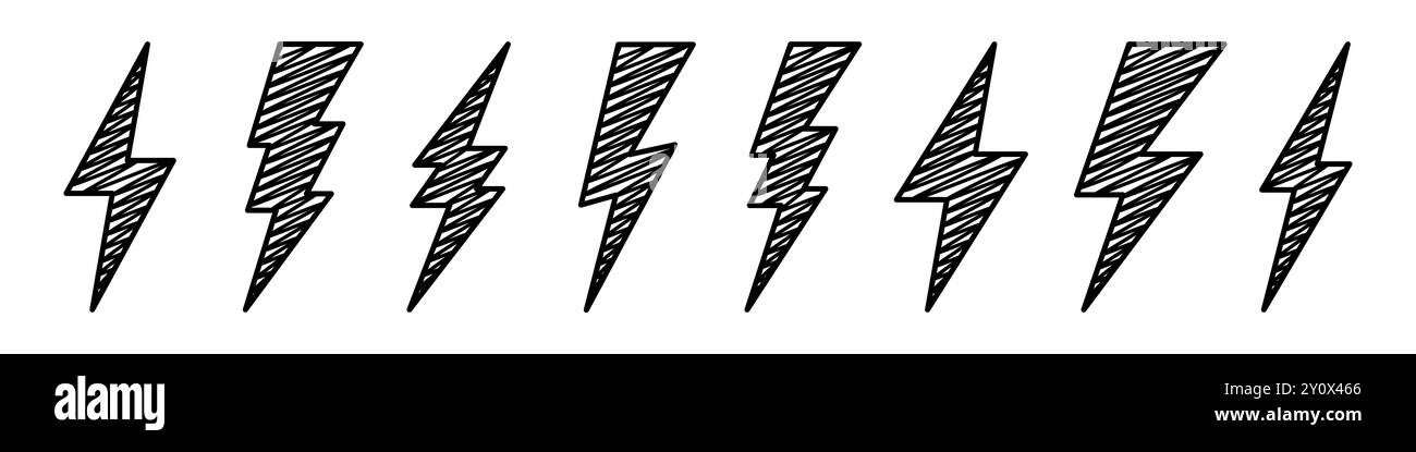 Hatched lightning bolt icons collection. Hand drawn flash symbol ...