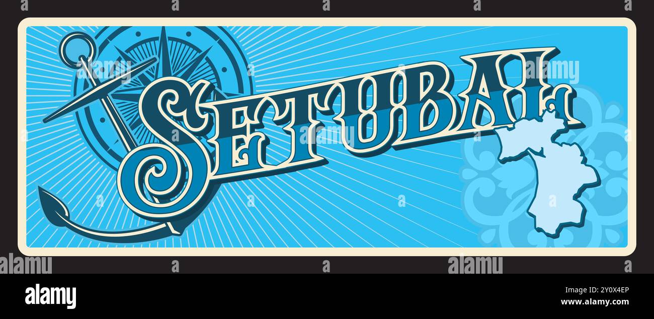 Setubal portuguese region retro tin travel plate. Vector map of ...