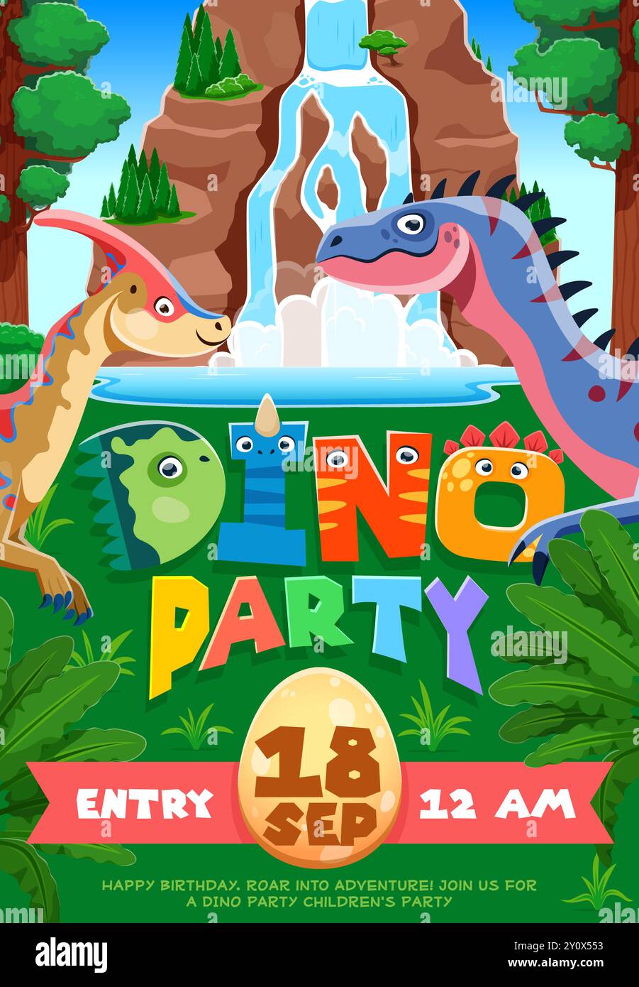 Kids dino or birthday party flyer, funny prehistoric dinosaurs near ...