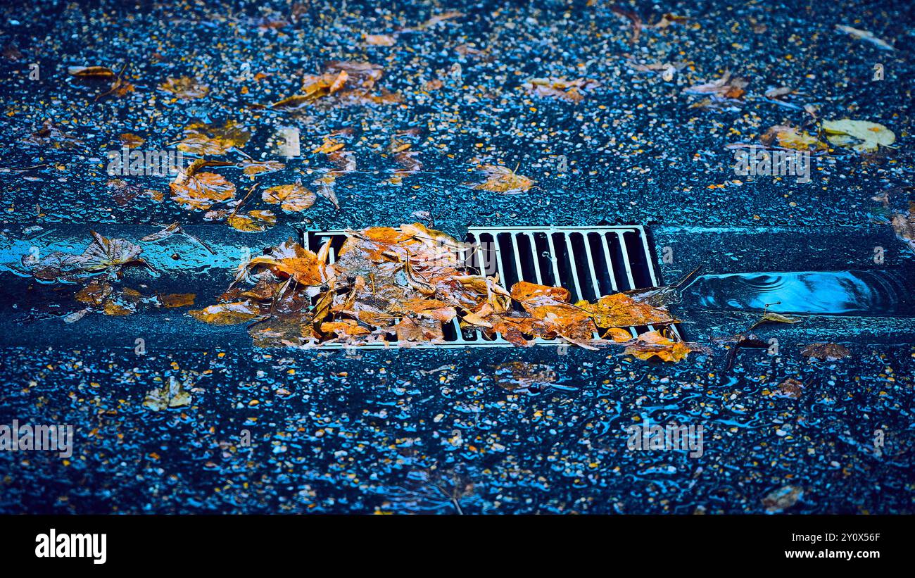 Autumn leaves begin to block a drain during heavy rainfall Stock Photo ...