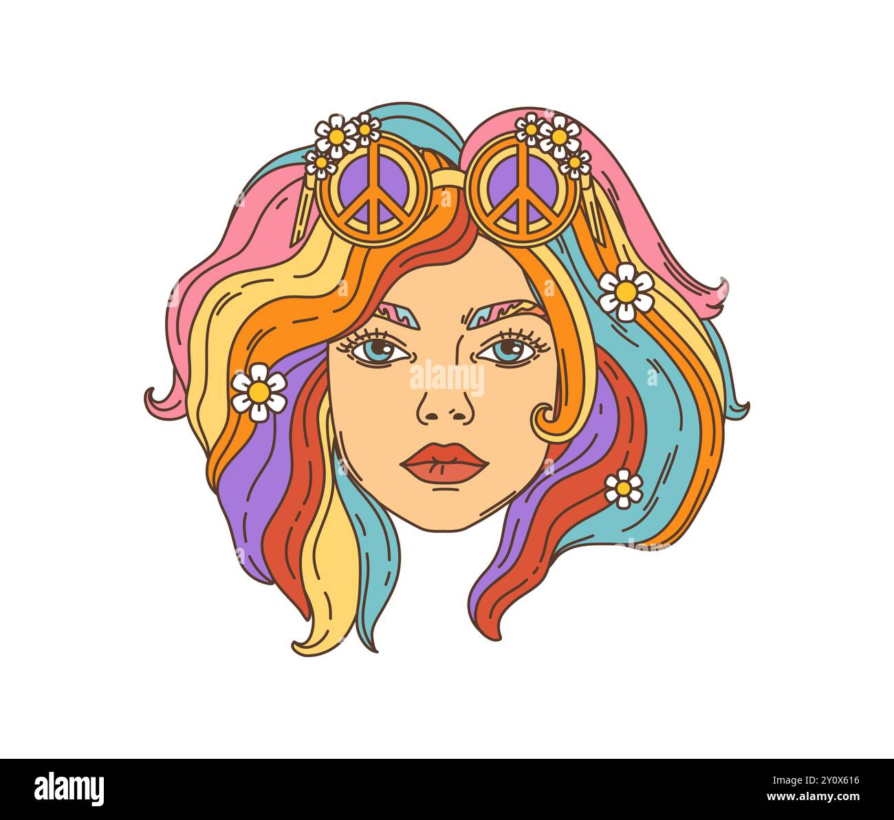 Cartoon retro groovy hippie woman character face. Isolated vector ...