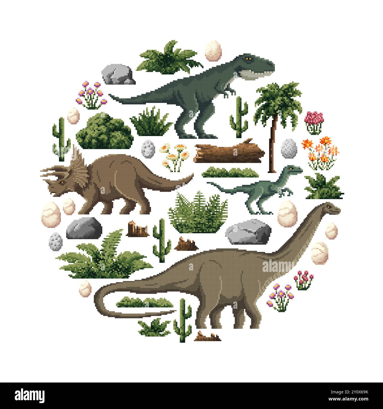 8 bit pixel art prehistoric dinosaurs, game asset in round shape ...