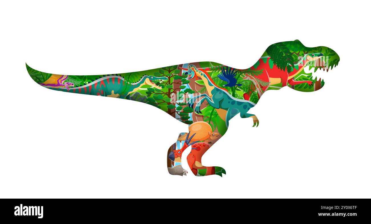 Prehistoric dinosaurs inside T Rex paper cut silhouette, vector ...