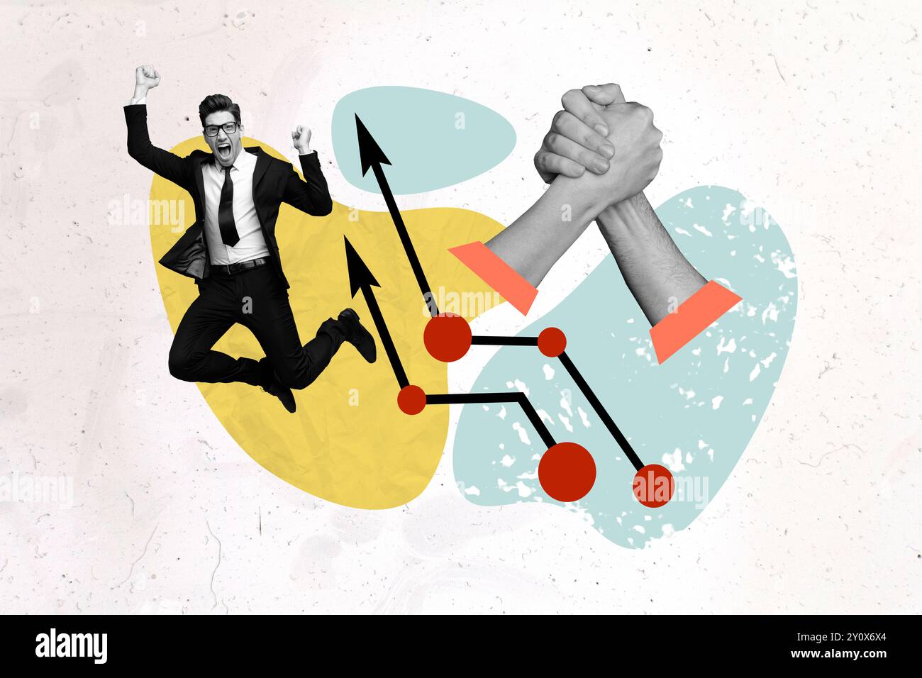 Creative collage photo young businessman handshake unity partnership ...