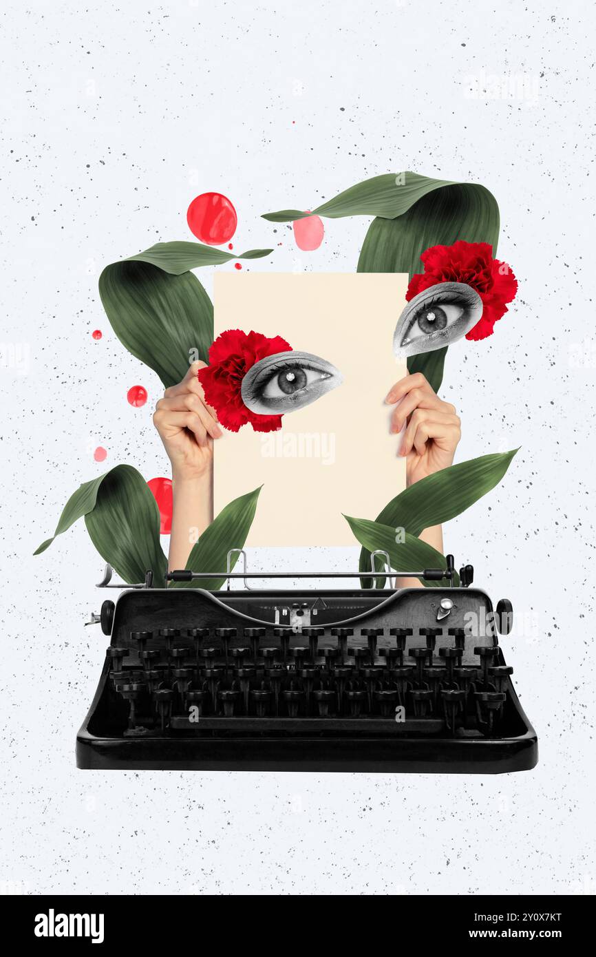 Creative drawing collage picture of funny eyes watching eyes typewriter ...