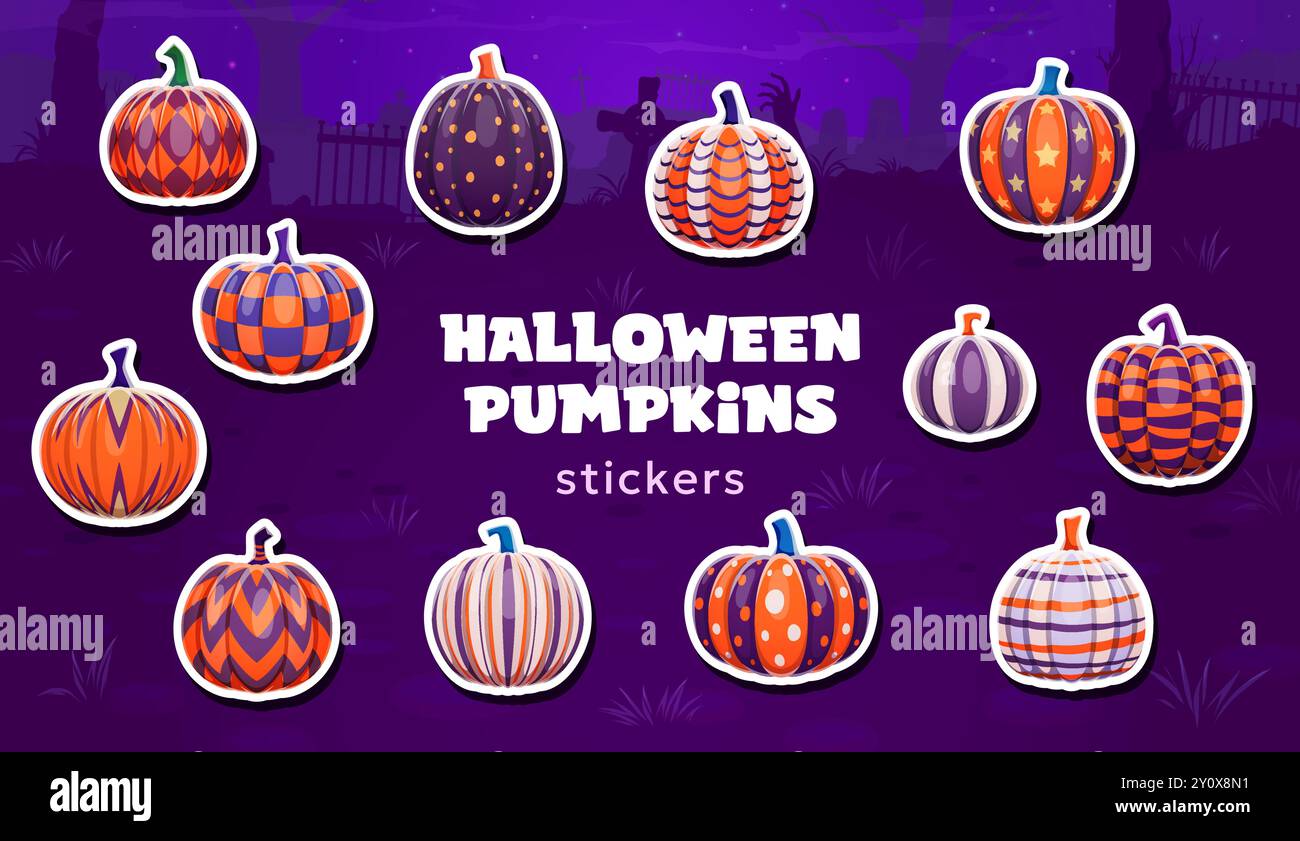 Stickers pack of Halloween pumpkins with holiday ornament. Cartoon ...