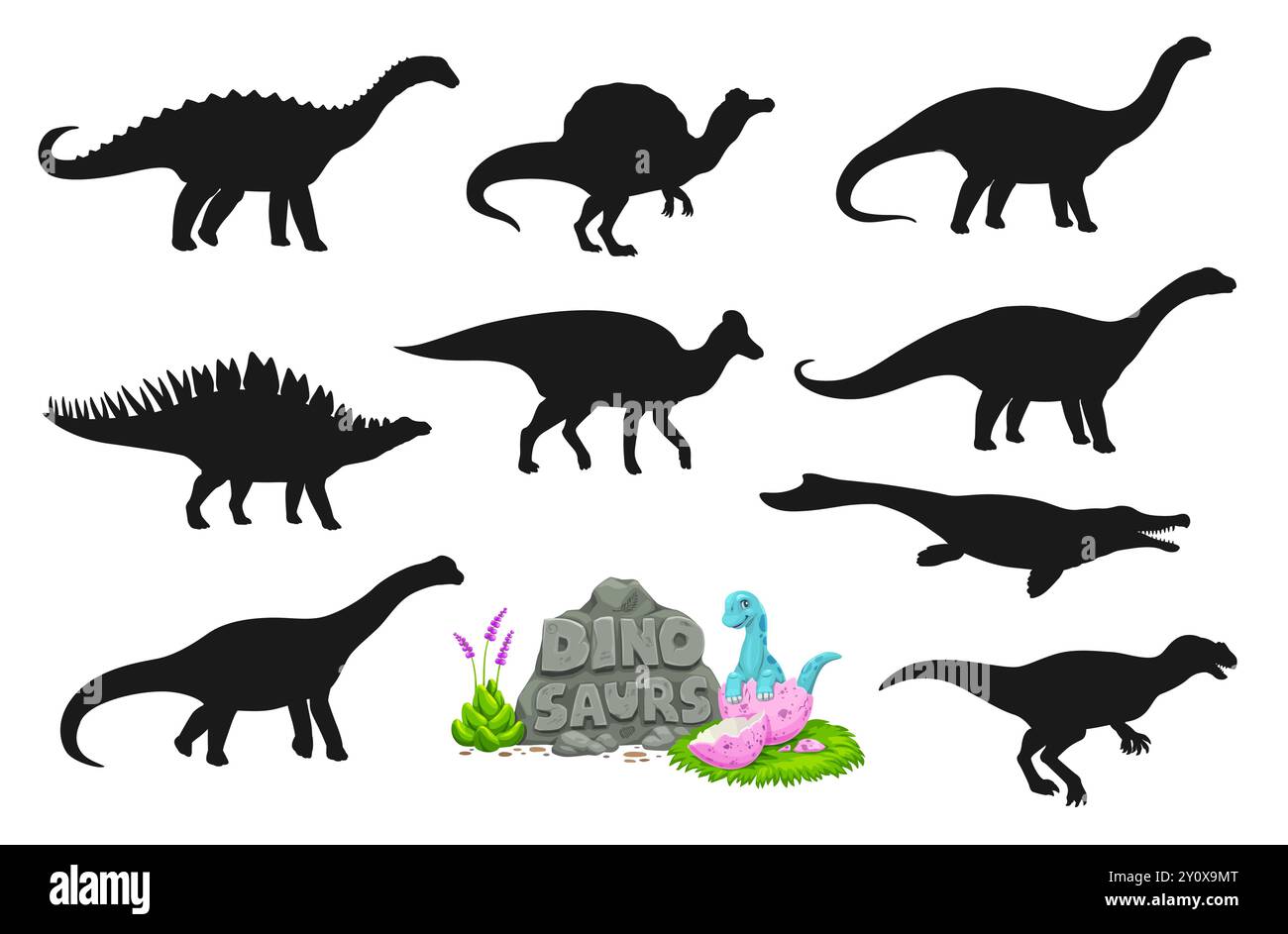 Dinosaur silhouettes, vector prehistoric animals with cartoon baby dino ...