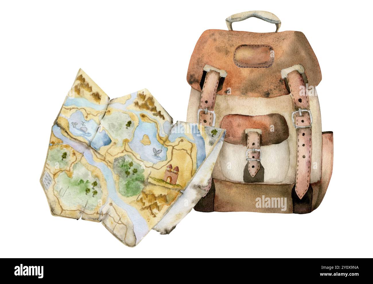 Tourist accessories, vintage leather backpack rucksack bag, navigation ...