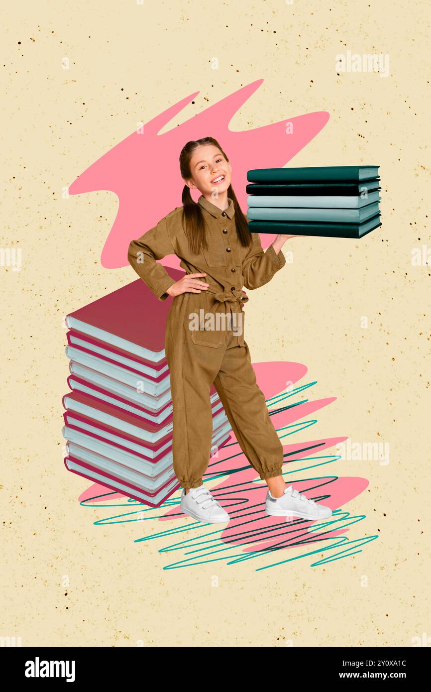 Composite collage image of funny girl hold books education studying ...