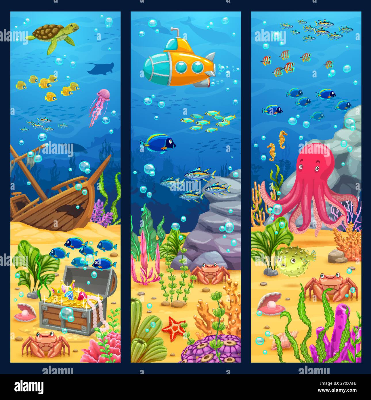 Underwater landscape banners with ocean, sea and aquarium under water ...