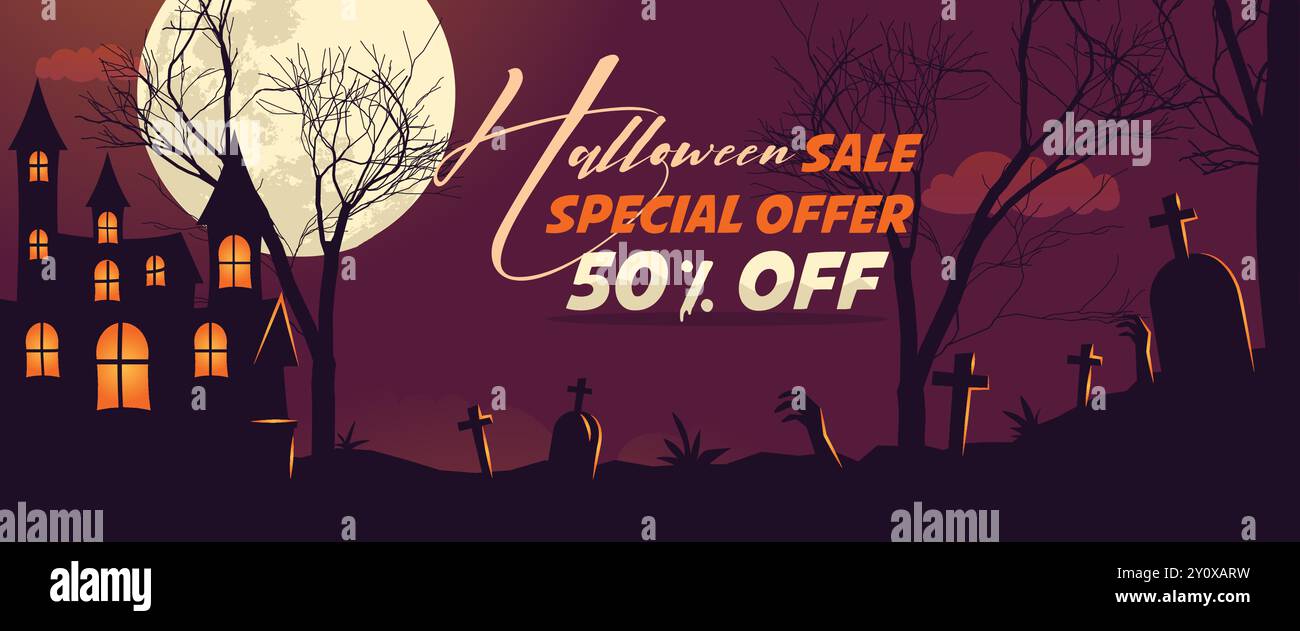 Happy Halloween banner or party invitation background with clouds, bats, and Vector illustration ...