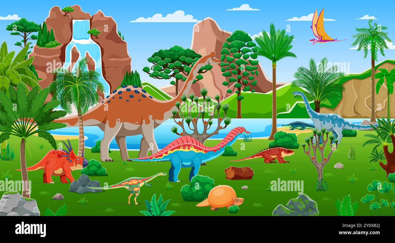 Cartoon prehistoric dinosaurs characters and Jurassic lizards in ...